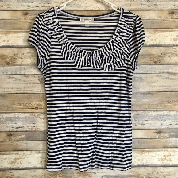 Dress Barn | Tops | Dressbarn Striped Flower Pearl Appliqu Design Short ...
